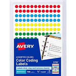 Avery Removable Color Coding Labels, 0.25 Inches, Assorted, Round, Pack of 768 (5795)