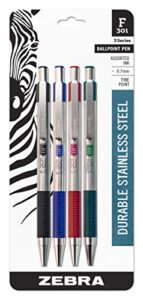 zebra pen f-301 retractable ballpoint pen, stainless steel barrel, fine point, 0.7mm, assorted ink, 4-pack