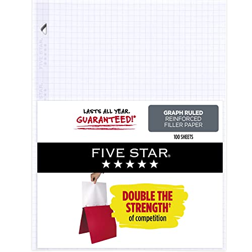 Five Star Loose Leaf Paper, 3 Hole Punched, Reinforced Filler Paper, Graph Ruled Paper, 11" x 8-1/2", 100 Sheets/Pack (17012),White