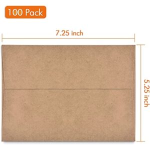 100 Pack A7 Brown Kraft Paper Invitation 5 x 7 Envelopes - Quick Self Seal For 5x7 Cards| Perfect for Weddings, Invitations, Baby Shower| Stationery For General, Office | 5.25 x 7.25 Inches