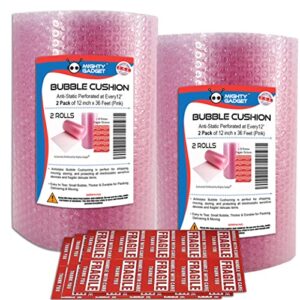 2 pack of mighty gadget bubble cushioning wrap rolls, 12″ x 72’ ft total, perforated every 12″ for packaging, shipping, mailing with 30 bonus fragile stickers included (pink)