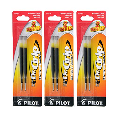 Pilot Dr. Grip Center of Gravity Ballpoint Pen Refills, Medium Point, Black Ink, 3 Packs of 2 Refills (6 Refills Total)