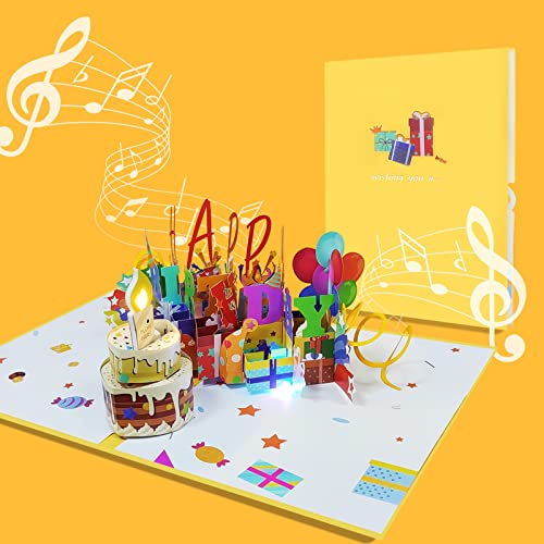 YIXIN Musical Birthday Cards with Light and Music, Blowable, 3D Birthday Popup Cards, Blow Out LED Light Candle– Plays Hit Song 'HAPPY Birthday' (Birthday Card)