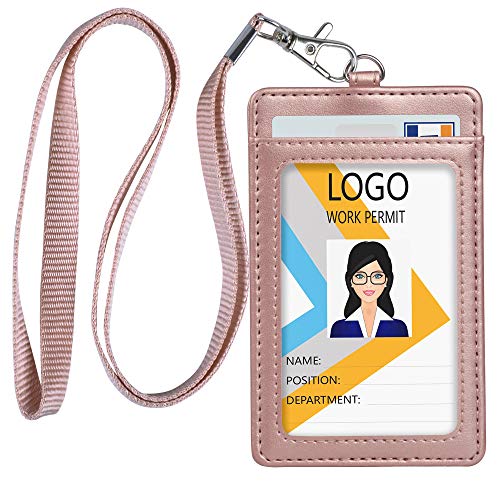 Teskyer Leather ID Badge Holder, Vertical PU Leather ID Badge Holder with 1 Clear ID Window & 1 Credit Card Slot and a Detachable Neck Lanyard (Rose Gold)