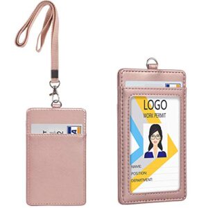 Teskyer Leather ID Badge Holder, Vertical PU Leather ID Badge Holder with 1 Clear ID Window & 1 Credit Card Slot and a Detachable Neck Lanyard (Rose Gold)