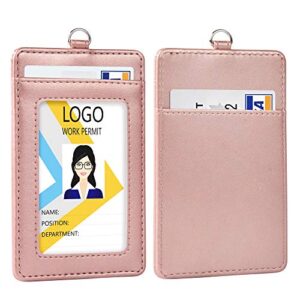 Teskyer Leather ID Badge Holder, Vertical PU Leather ID Badge Holder with 1 Clear ID Window & 1 Credit Card Slot and a Detachable Neck Lanyard (Rose Gold)