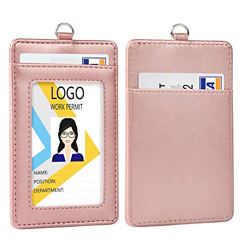 Teskyer Leather ID Badge Holder, Vertical PU Leather ID Badge Holder with 1 Clear ID Window & 1 Credit Card Slot and a Detachable Neck Lanyard (Rose Gold)