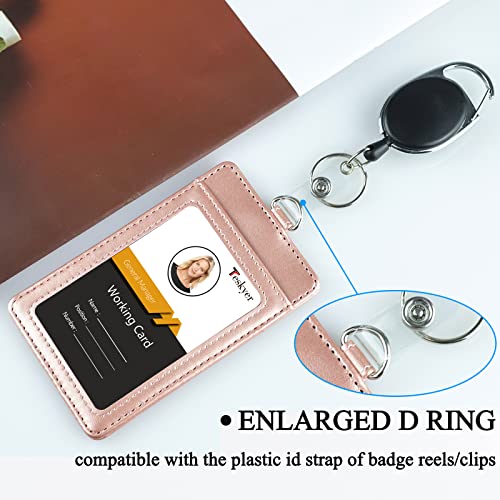 Teskyer Leather ID Badge Holder, Vertical PU Leather ID Badge Holder with 1 Clear ID Window & 1 Credit Card Slot and a Detachable Neck Lanyard (Rose Gold)