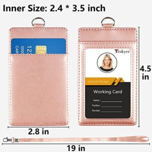 Teskyer Leather ID Badge Holder, Vertical PU Leather ID Badge Holder with 1 Clear ID Window & 1 Credit Card Slot and a Detachable Neck Lanyard (Rose Gold)