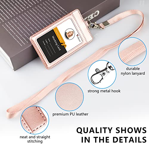 Teskyer Leather ID Badge Holder, Vertical PU Leather ID Badge Holder with 1 Clear ID Window & 1 Credit Card Slot and a Detachable Neck Lanyard (Rose Gold)