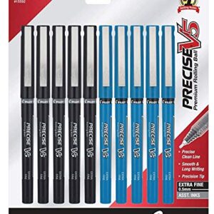 PILOT Precise V5 Stick Liquid Ink rollerball pens, Extra Fine Point, 0.5mm Bulk 10-pack of 5 Black Pens and 5 Blue Ink Color Pens, (15592)