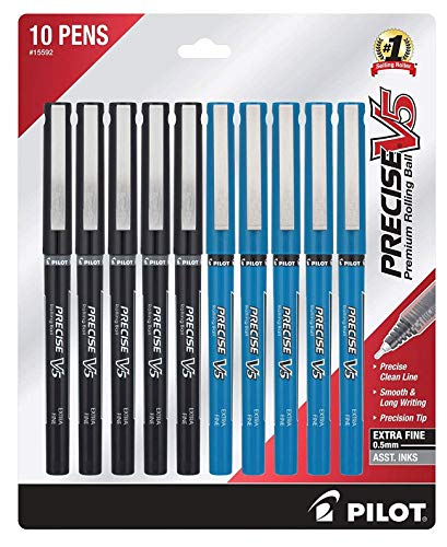 PILOT Precise V5 Stick Liquid Ink rollerball pens, Extra Fine Point, 0.5mm Bulk 10-pack of 5 Black Pens and 5 Blue Ink Color Pens, (15592)