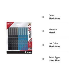 PILOT Precise V5 Stick Liquid Ink rollerball pens, Extra Fine Point, 0.5mm Bulk 10-pack of 5 Black Pens and 5 Blue Ink Color Pens, (15592)