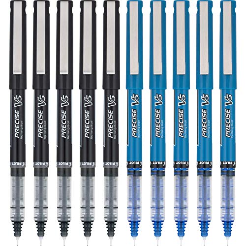 PILOT Precise V5 Stick Liquid Ink rollerball pens, Extra Fine Point, 0.5mm Bulk 10-pack of 5 Black Pens and 5 Blue Ink Color Pens, (15592)