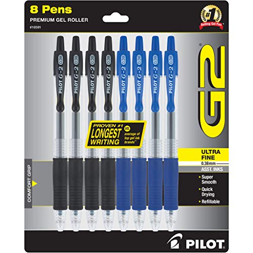 PILOT Pen 16591 G2 Premium Refillable And Retractable Gel Ink Pens, Ultra Fine Point (0.38mm), Black and Blue, 8 Count