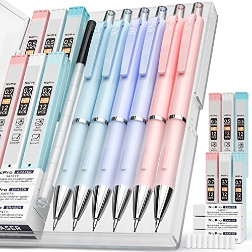 Nicpro 6 PCS Pastel Mechanical Pencil 0.5 & 0.7 mm for School, with 12 tubes HB Lead Refills, 3 Erasers, 9 Eraser Refills For Student Writing,Drawing,Sketching, Blue & Pink & Violet Colors - With Case