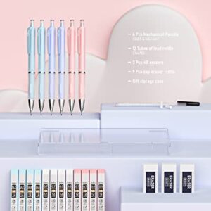 Nicpro 6 PCS Pastel Mechanical Pencil 0.5 & 0.7 mm for School, with 12 tubes HB Lead Refills, 3 Erasers, 9 Eraser Refills For Student Writing,Drawing,Sketching, Blue & Pink & Violet Colors - With Case