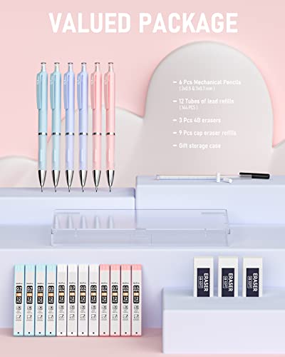 Nicpro 6 PCS Pastel Mechanical Pencil 0.5 & 0.7 mm for School, with 12 tubes HB Lead Refills, 3 Erasers, 9 Eraser Refills For Student Writing,Drawing,Sketching, Blue & Pink & Violet Colors - With Case