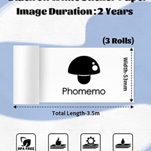 Phomemo White Self-Adhesive Thermal Paper, Glossy Printable Sticker Paper for Phomemo M02/M02 Pro/M02S/M03 Bluetooth Pocket Mobile Printer, Black on White, 50mm x 3.5m, Diameter 30mm, 3-Rolls