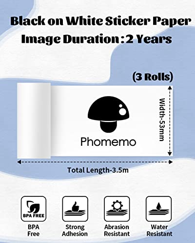 Phomemo White Self-Adhesive Thermal Paper, Glossy Printable Sticker Paper for Phomemo M02/M02 Pro/M02S/M03 Bluetooth Pocket Mobile Printer, Black on White, 50mm x 3.5m, Diameter 30mm, 3-Rolls