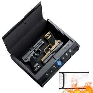 ainiro gun safe for pistols – biometric gun safe for handgun with fireproof document bag, quick-access gun lock with fingerprint identification or key pad, firearm storage home bedside nightstand car