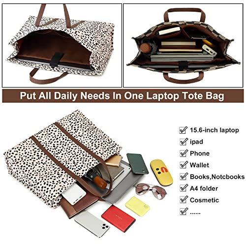 Laptop Tote Bag for Women Work Shoulder Bags 15.6 inch Canvas Laptop Computer Purse Messenger Teacher Handbag Business Office Briefcase (Leopard - Apricot)