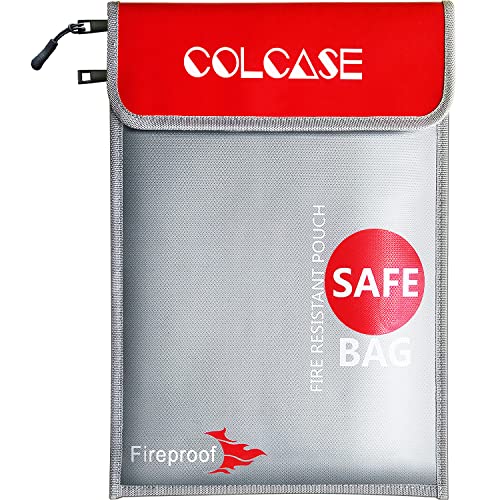 COLCASE Upgraded 2 Pockets Fireproof Document Bag (2000 ℉ )15 x 11 Inches Silicone Coated Fireproof and Waterproof Money Bag Fireproof Safe Storage for Money , Documents , Jewelry and Passport