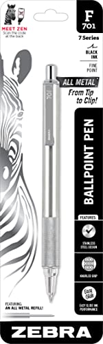 Zebra Pen F-701 Retractable Ballpoint Pen, Stainless Steel Barrel, Fine Point, 0.8mm, Black Ink, 1-Pack