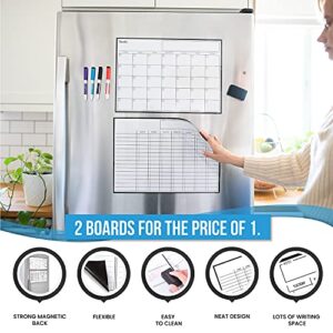 Magnetic Dry Erase Calendar and Chores Chart Bundle for Fridge: 2 Boards Included 17x12" - 6 Fine Tip Markers and Large Eraser with Magnets | Magnetic Chore Chart - Chore Board for Kids and Adults