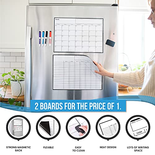 Magnetic Dry Erase Calendar and Chores Chart Bundle for Fridge: 2 Boards Included 17x12" - 6 Fine Tip Markers and Large Eraser with Magnets | Magnetic Chore Chart - Chore Board for Kids and Adults