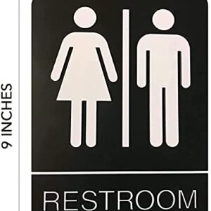 CORKO MANUFACTURING Unisex Braille Restroom Sign - Comes with Graphical Symbols and Double Sided 3M Tape to Secure Perfectly in Less Than a Minute - Size 9 x 6 Inch | Black