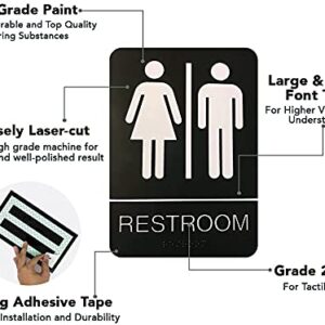 CORKO MANUFACTURING Unisex Braille Restroom Sign - Comes with Graphical Symbols and Double Sided 3M Tape to Secure Perfectly in Less Than a Minute - Size 9 x 6 Inch | Black