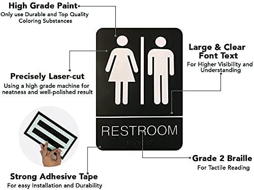 CORKO MANUFACTURING Unisex Braille Restroom Sign - Comes with Graphical Symbols and Double Sided 3M Tape to Secure Perfectly in Less Than a Minute - Size 9 x 6 Inch | Black