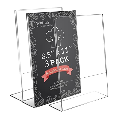 Acrylic Sign Holder 8.5 x 11, Slanted Back Sign Holders, Clear Tabletop Plastic Sign Holder, Acrylic Stands for Display 8.5 x 11, Plastic Paper Sign Holder for Office, Home, Restaurant (3 Pack)