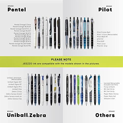 JEEZZO Gel Ink Refills for Retractable Click Pens Black Medium Point Compatible with Pilot G2 Pentel Energel Jetstream Sharpie S-Gel Uniball Signo Zebra Sarasa 24 pcs