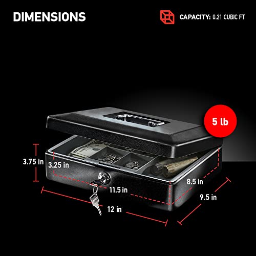 SentrySafe Cash Box with Money Tray and Key Lock, Locking Steel Cash Box, 0.21 Cubic Feet, 3.7 x 11.8 x 9.3 Inches, CB-12