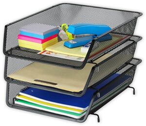 3 pack – stackable desk file document letter tray organizer, black