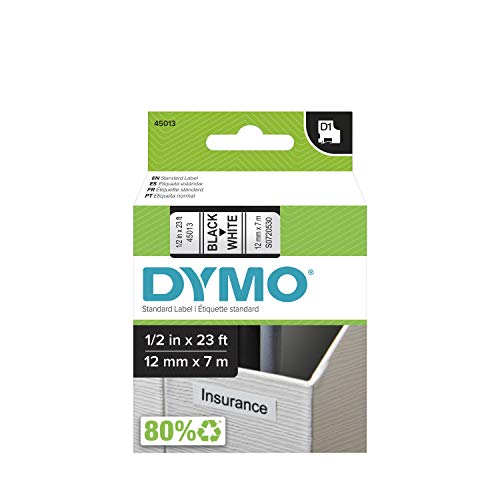 DYMO Standard D1 Labeling Tape for LabelManager Label Makers, Black Print on White Tape, 1/2'' W x 23' L, 1 catridge (45013)