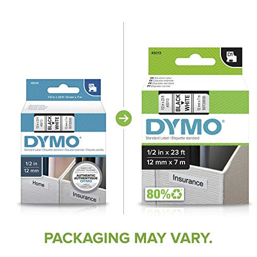 DYMO Standard D1 Labeling Tape for LabelManager Label Makers, Black Print on White Tape, 1/2'' W x 23' L, 1 catridge (45013)