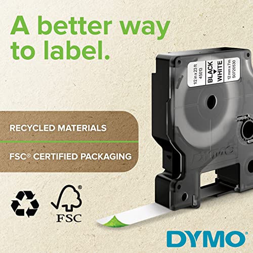 DYMO Standard D1 Labeling Tape for LabelManager Label Makers, Black Print on White Tape, 1/2'' W x 23' L, 1 catridge (45013)