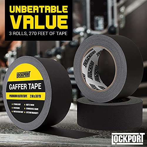 Lockport Black Gaffers Tape 3 Pack – 90 Feet x 2 Inches – Waterproof, No Residue, Non-Reflective, Easy Tear, Matte Gaffer Stage Tape – Gaff Cloth Tape for Photography, Filming Backdrop, Production