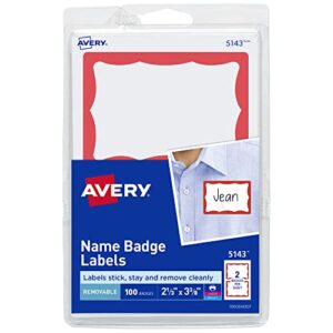 avery name tags, white with red border, 100 removable name badges (05143)