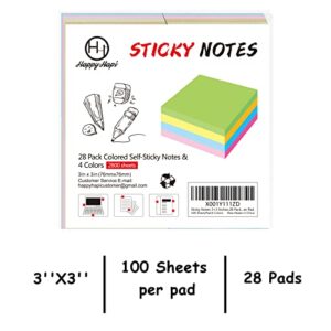 Sticky Notes 3x3 Inches Bulk 28 Pack 2800 Sheets Colored Self-Stick Pads, 100 Sheets/Pad, 4 Bright Colors (Yellow, Green, Pink, Blue) for Office Supplies, School, Home