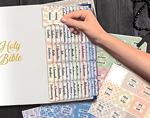 Bible Tabs, Old and New Testament, by Better Office Products, 75 Laminated Bible Index Tabs (66 Book Names + 9 Blanks), Christian Bible Journaling Adhesive Tabs (Harmonious Themed Backgrounds)