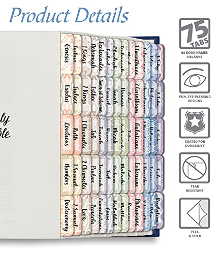 Bible Tabs, Old and New Testament, by Better Office Products, 75 Laminated Bible Index Tabs (66 Book Names + 9 Blanks), Christian Bible Journaling Adhesive Tabs (Harmonious Themed Backgrounds)