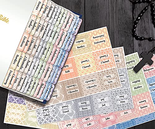 Bible Tabs, Old and New Testament, by Better Office Products, 75 Laminated Bible Index Tabs (66 Book Names + 9 Blanks), Christian Bible Journaling Adhesive Tabs (Harmonious Themed Backgrounds)