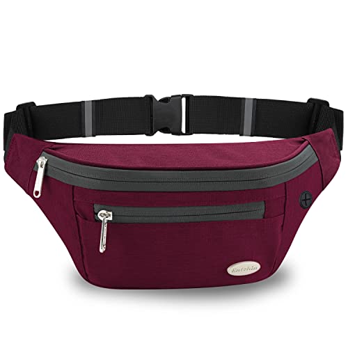 Entchin Fanny Pack for Women Men with 4-Zipper Pockets, premium fashion Waist Pack Crossbody Bum Bags for Hiking, Running, Travel, Cycling and Casual(Burgundy)