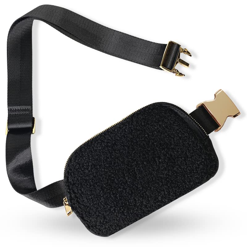 Boutique Fleece Belt Bag | Sherpa Crossbody Bag Fanny Pack for Women Fashionable | Cute Mini Everywhere Bum Hip Waist Pack | Small Fashion Travel Chest Bag | Gold Accessories | Adjustable Small Strap | Black