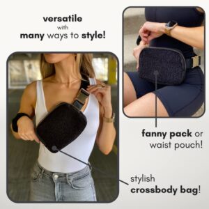 Boutique Fleece Belt Bag | Sherpa Crossbody Bag Fanny Pack for Women Fashionable | Cute Mini Everywhere Bum Hip Waist Pack | Small Fashion Travel Chest Bag | Gold Accessories | Adjustable Small Strap | Black