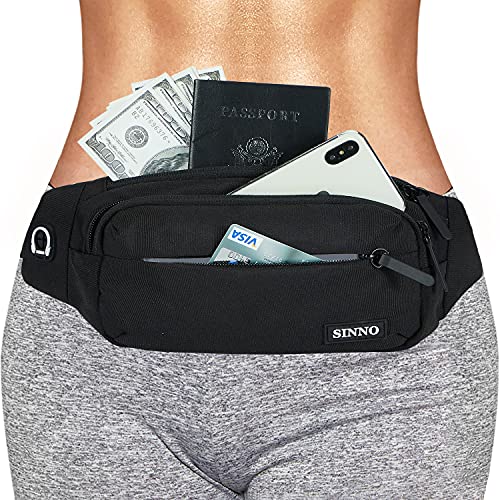 SINNO Black Mens Fanny Packs for Women Fashionable Waterproof Gifts for Running Sport Workout Hiking Travel Crossbody Plus Size Waist Pack Phone Bag Wallets Purse Carrying All Phones